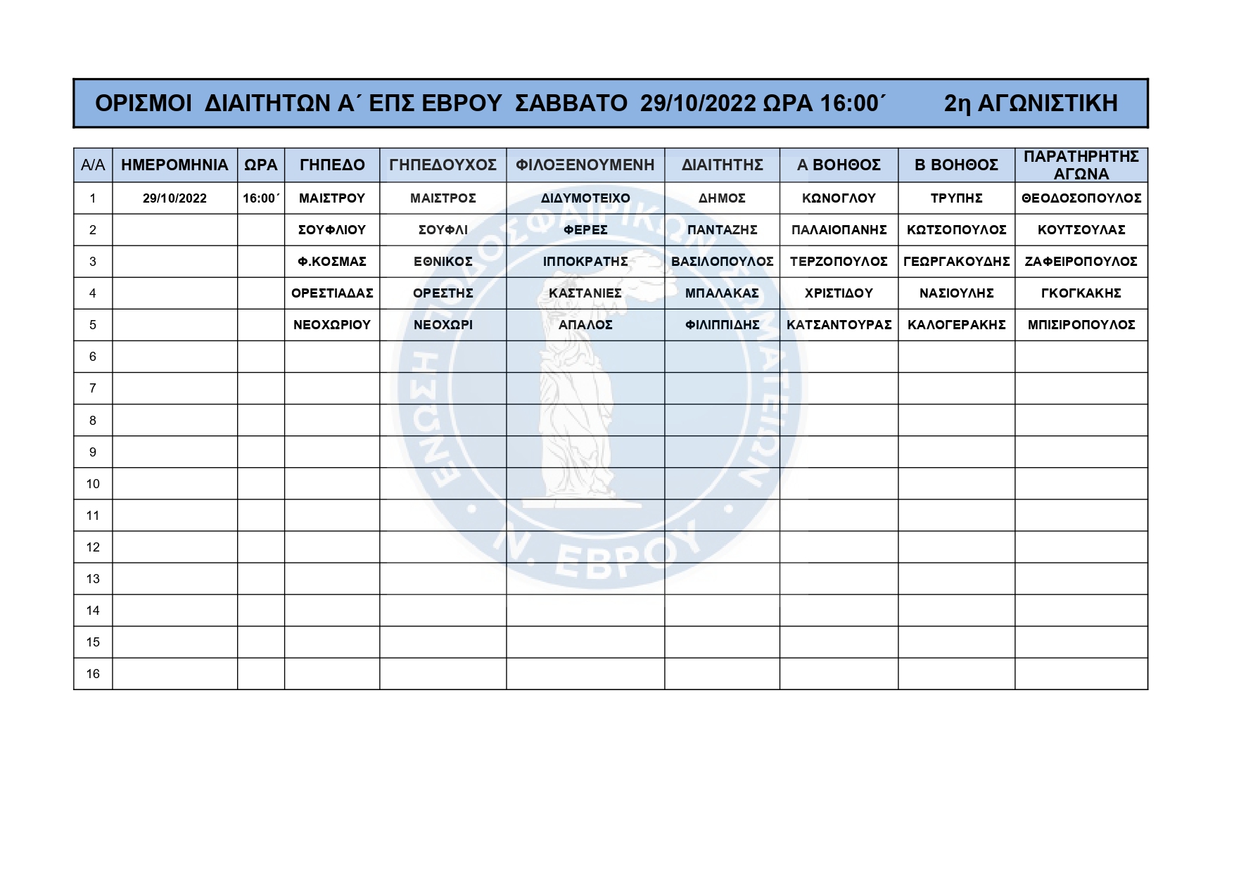 ΟΡΙΣΜΟΙ ΔΙΑΙΤΗΤΩΝ Α΄ ΕΠΣ ΕΒΡΟΥ ΣΑΒΒΑΤΟ 29/10/2022 ΩΡΑ 16:00 2η ...